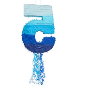 BLUE PANDA Number 5 Pinata - Pull String Pinata for Boys 5th Birthday Party Decorations, Ombre Blue (16.5 x 11.6 x 3 In)