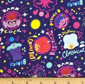 fat quarter - troll party characters hot pink on dark purple cotton fabric - 18" x 22"