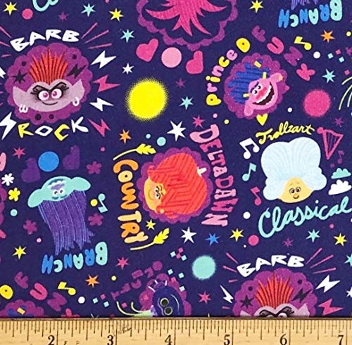 Fat Quarter - Troll Party Characters Hot Pink on Dark Purple Cotton Fabric - 18" x 22"