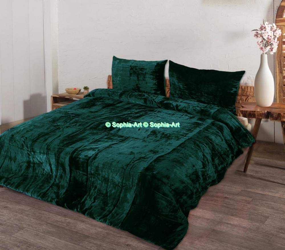 Sophia-Art 3 Pcs Ultra Luxury Rayon Velvet Bedding Boho Solid Duvet Cover UO Comforter Cover (Dark Green, King 90"x104")