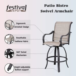 Sports Festival 2Pcs Patio Bar Stools with Armrest High Swivel Chairs with Textilene Fabric Metal Outdoor Furniture for Bistro Deck Lawn