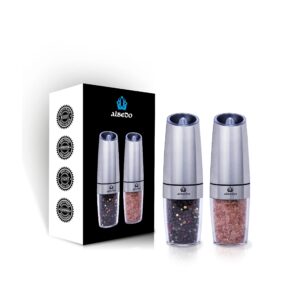 gravity electric salt and pepper mill set with adjustable coarseness, automatic battery powered with blue led light, brushed stainless steel by albedo