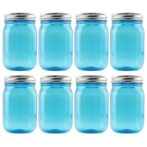 cornucopia brands 16oz plastic mason jars (8-pack, blue w/silver metal lids); pet bpa-free mason jars w/one piece lids, 2-cup/pint capacity