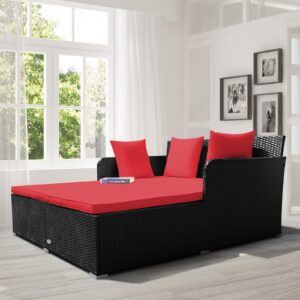 Tangkula Outdoor Rattan Daybed, Sunbed Wicker Furniture w/Spacious Seat, Upholstered Cushion & High-Resilience Sponge, Wicker Patio Sofa Set w/Extra Pillows for Courtyard Poolside(Red)