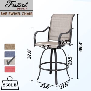 Sports Festival 2Pcs Patio Bar Stools with Armrest High Swivel Chairs with Textilene Fabric Metal Outdoor Furniture for Bistro Deck Lawn