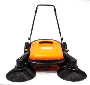 sunmax rt980 industrial floor sweeper with triple brooms, 38" outdoor and indoor sweeper, 38,000 square feet per hour, 12 gal waste container