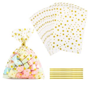 leosinda cellophane treat bags,clear cellophane bags,5 x 7 inches treat bags,100 twist ties,for gift wrapping,packaging candies,dessert,bakery, cookies, chocolate,party favor, gold star printed