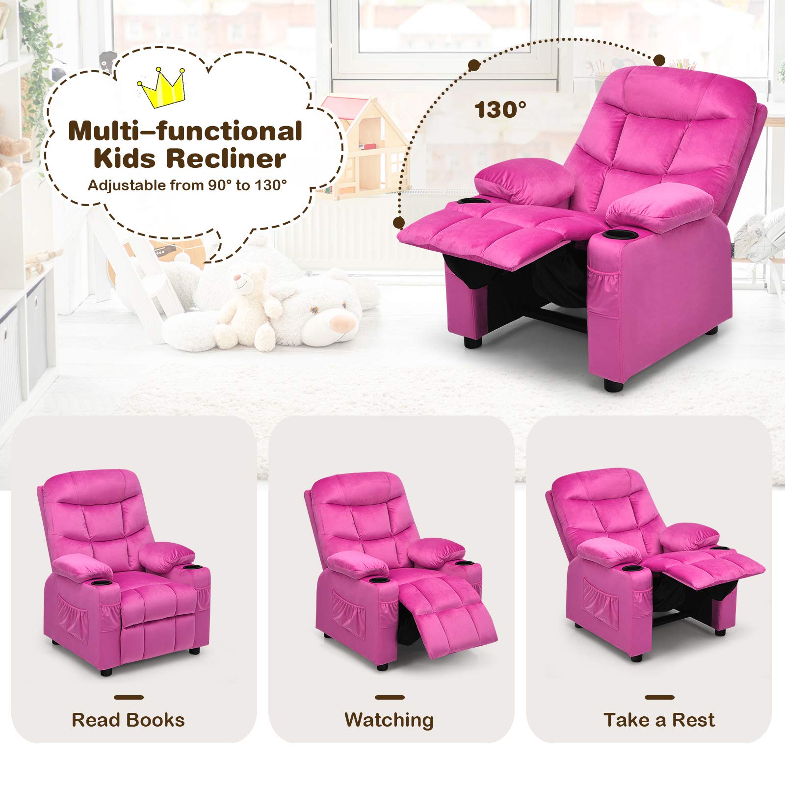 Costzon Kids Velvet Recliner Chair with Cup Holder, Footrest & Side Pockets for Children Boys Girls Baby Bedroom, Adjustable, Ergonomic Toddler Furniture Sofa Gifts (Rose)