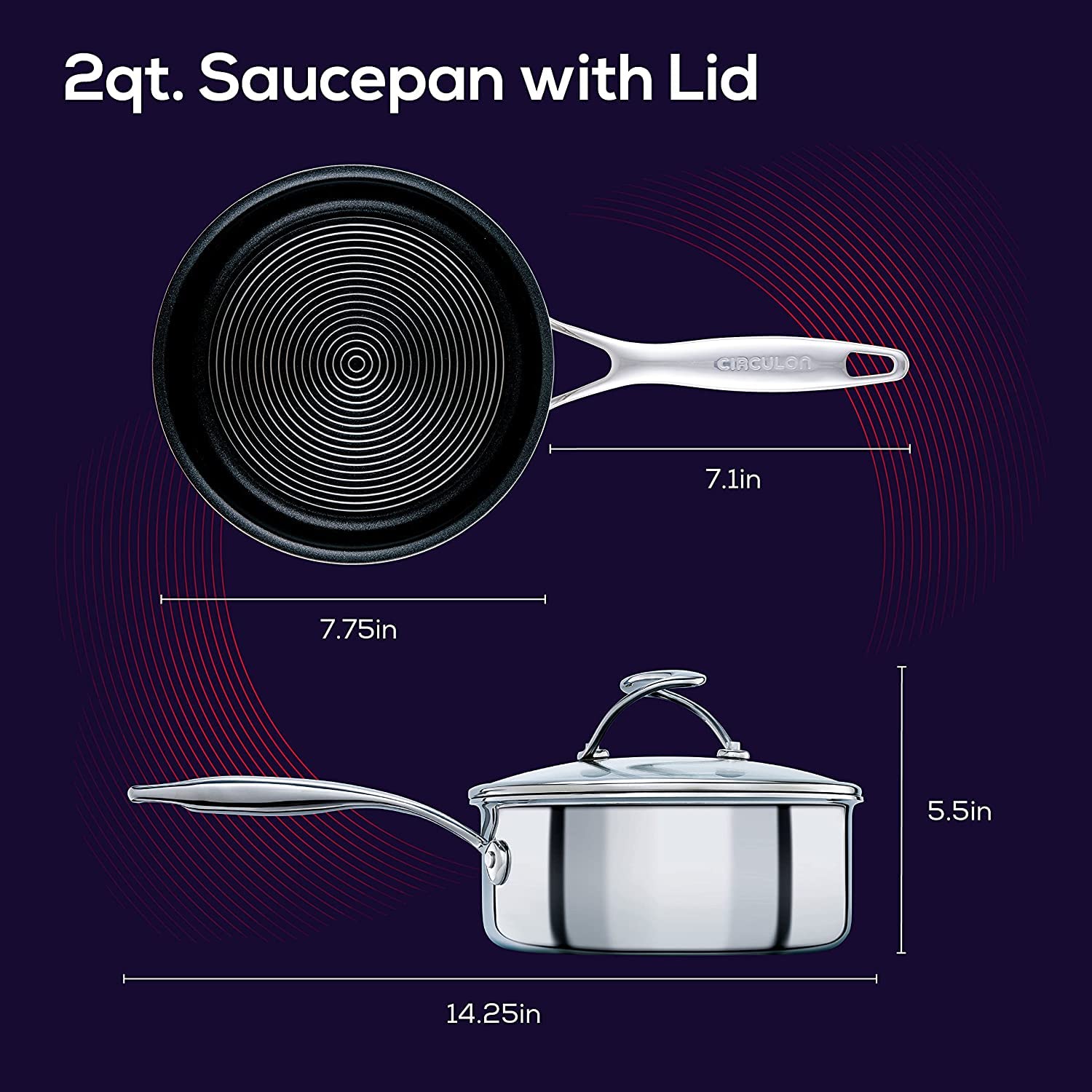 Circulon Clad Stainless Steel Saucepan with Glass Lid and Hybrid SteelShield and Nonstick Technology, 2 Quart - Silver