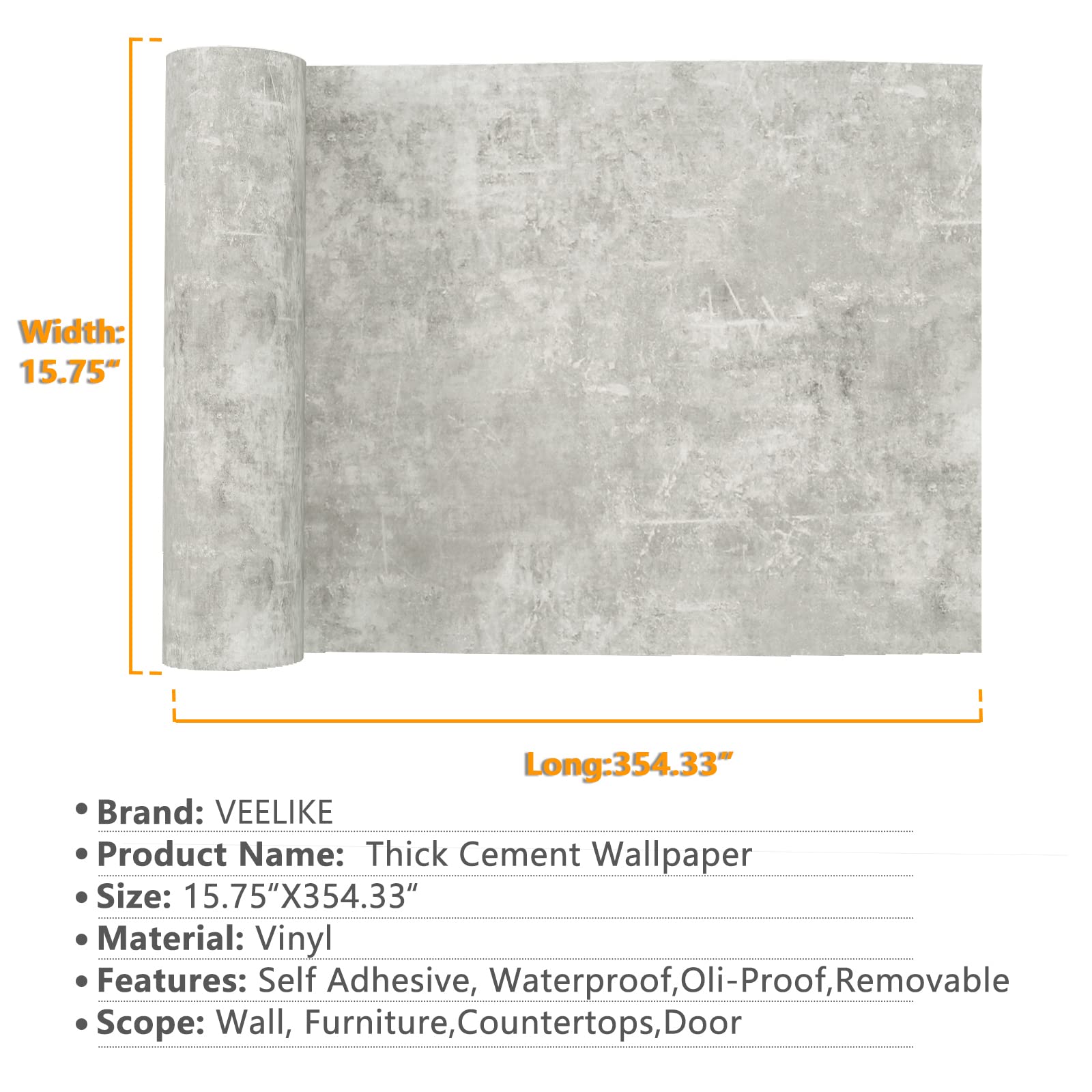 VEELIKE 15.7''x354'' Concrete Contact Paper for Countertops Waterproof Light Concrete Wallpaper Texture Peel and Stick Concrete Wall Paper Self Adhesive Cement Murals Removable for Cabinets Furniture