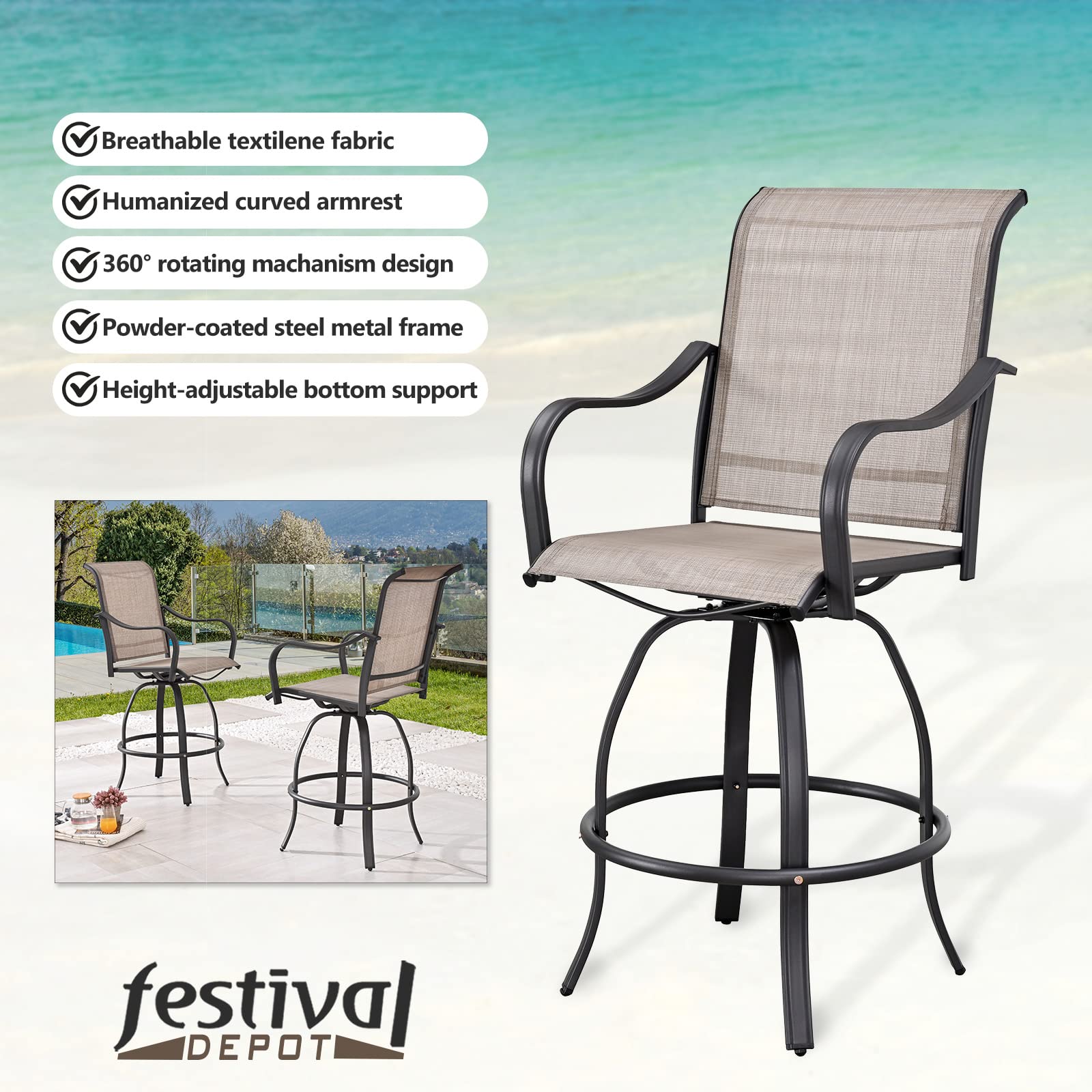 Sports Festival 2Pcs Patio Bar Stools with Armrest High Swivel Chairs with Textilene Fabric Metal Outdoor Furniture for Bistro Deck Lawn