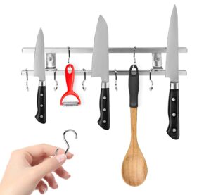 modern innovations (12 inch) stainless steel metal magnetic knife holder, wall mount double bar with 8 hooks - multipurpose knife magnetic strip, utensil hanger, and kitchen storage rack magnet