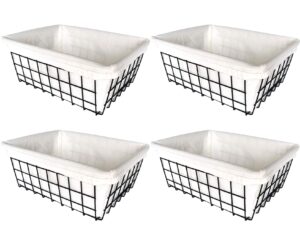 wire storage baskets, 4 pack metal household organizer with 4 pcs fabric liners, refrigerator bin with handles, for pantry, shelf, freezer, kitchen cabinet, bathroom, countertop, closets (black)