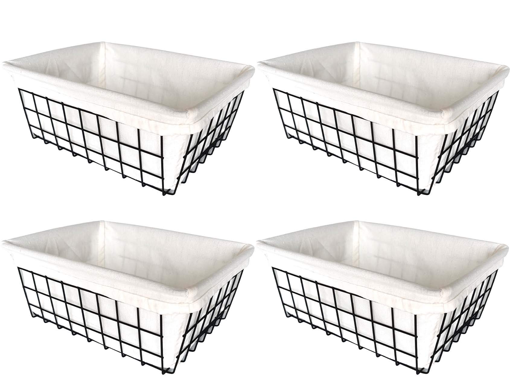 Wire Storage Baskets, 4 Pack Metal Household Organizer with 4 Pcs Fabric Liners, Refrigerator Bin with Handles, for Pantry, Shelf, Freezer, Kitchen Cabinet, Bathroom, Countertop, Closets (Black)