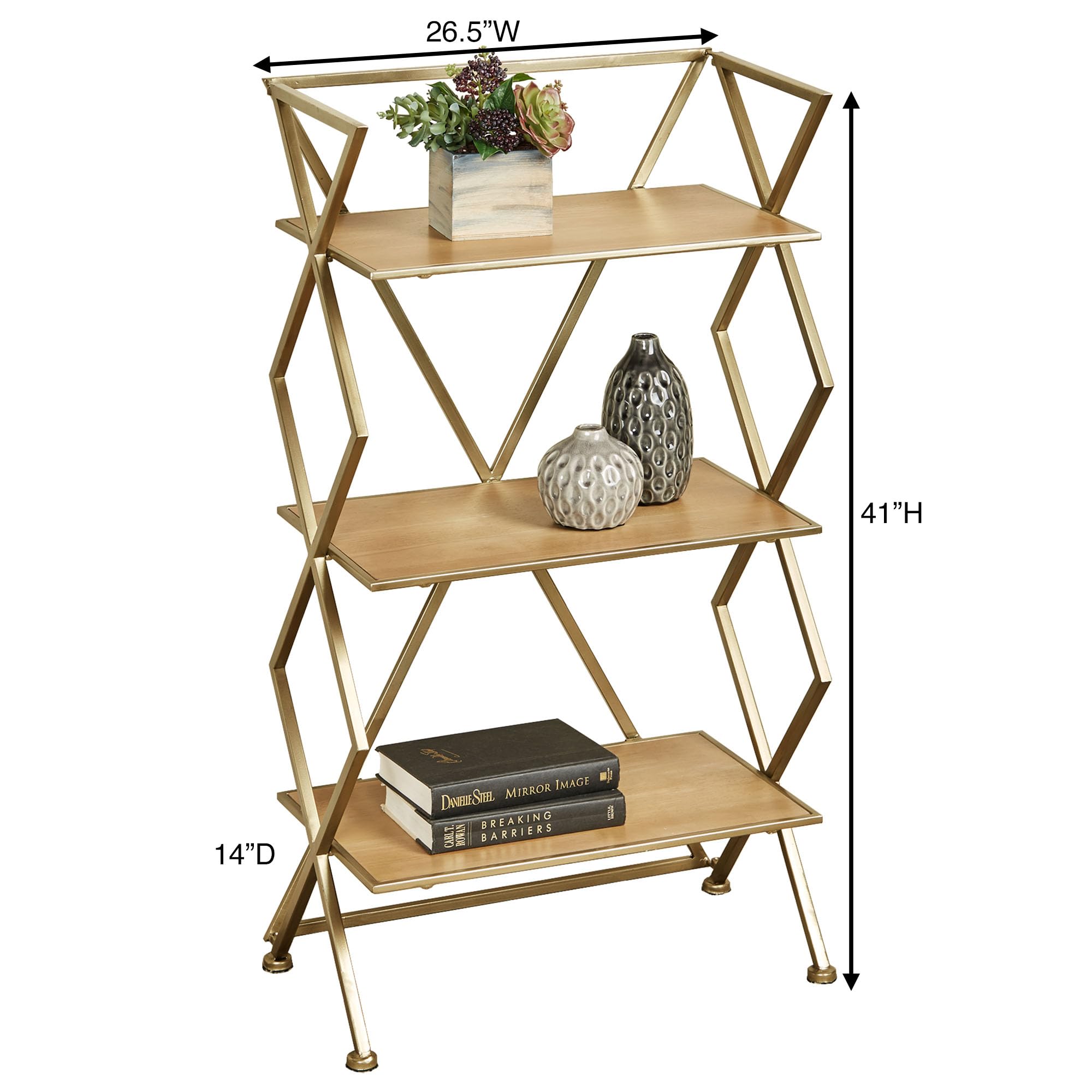 Touch of Class Modern Style Jamie Three Tier Gold Floor Shelf 41 Inches High