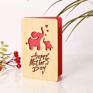 Della Stella Mothers Day Cards,Handmade Bamboo Greeting Cards,Wooden Thankyou Card,Wooden Birthday Card for Mom,Mum Birthday Gift,Elephant pattern