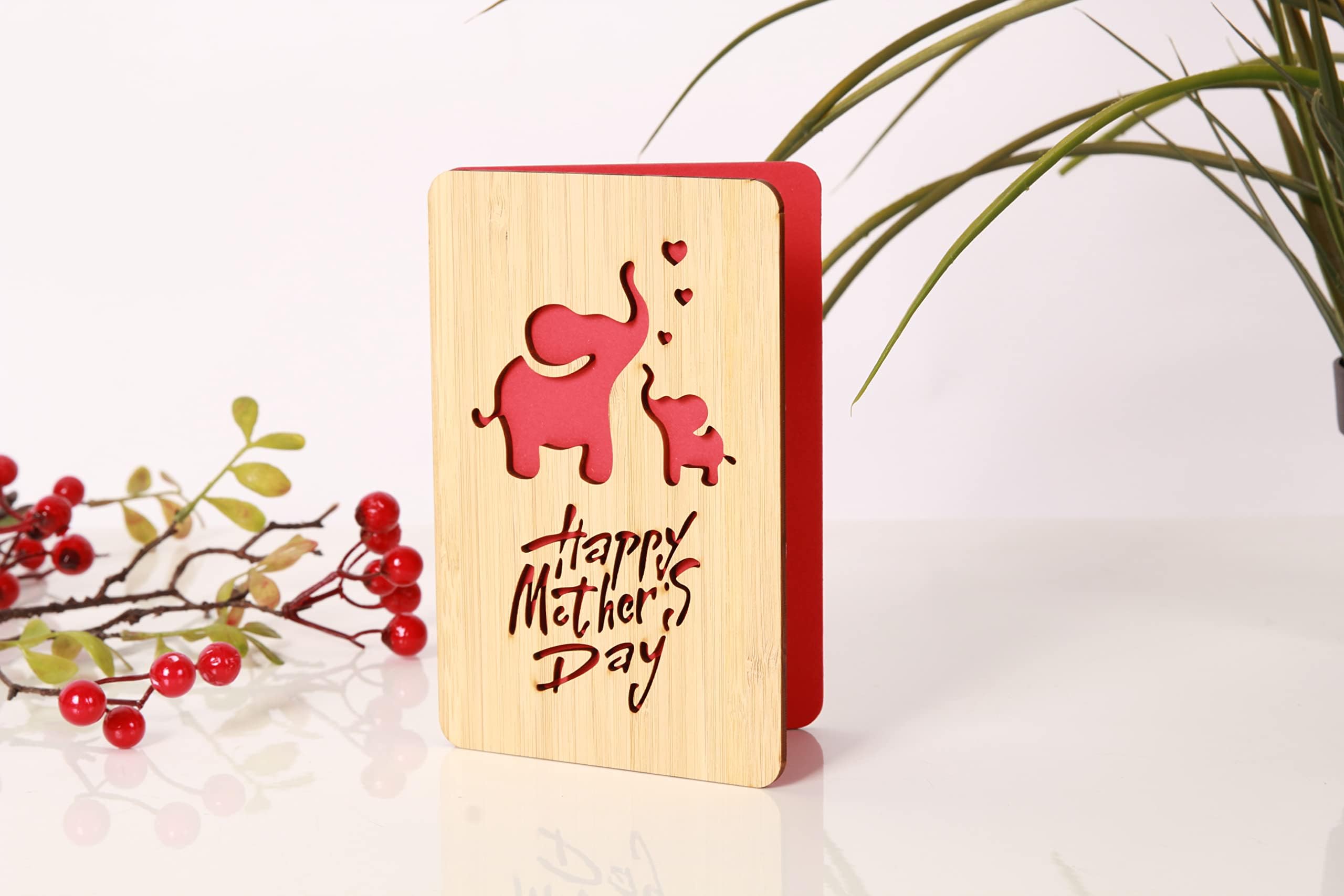 Della Stella Mothers Day Cards,Handmade Bamboo Greeting Cards,Wooden Thankyou Card,Wooden Birthday Card for Mom,Mum Birthday Gift,Elephant pattern