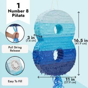 BLUE PANDA Number 8 Pinata - Pull String Pinata for Boys 8th Birthday Party Decorations, Ombre Blue (16.5 x 11.5 x 3 In)