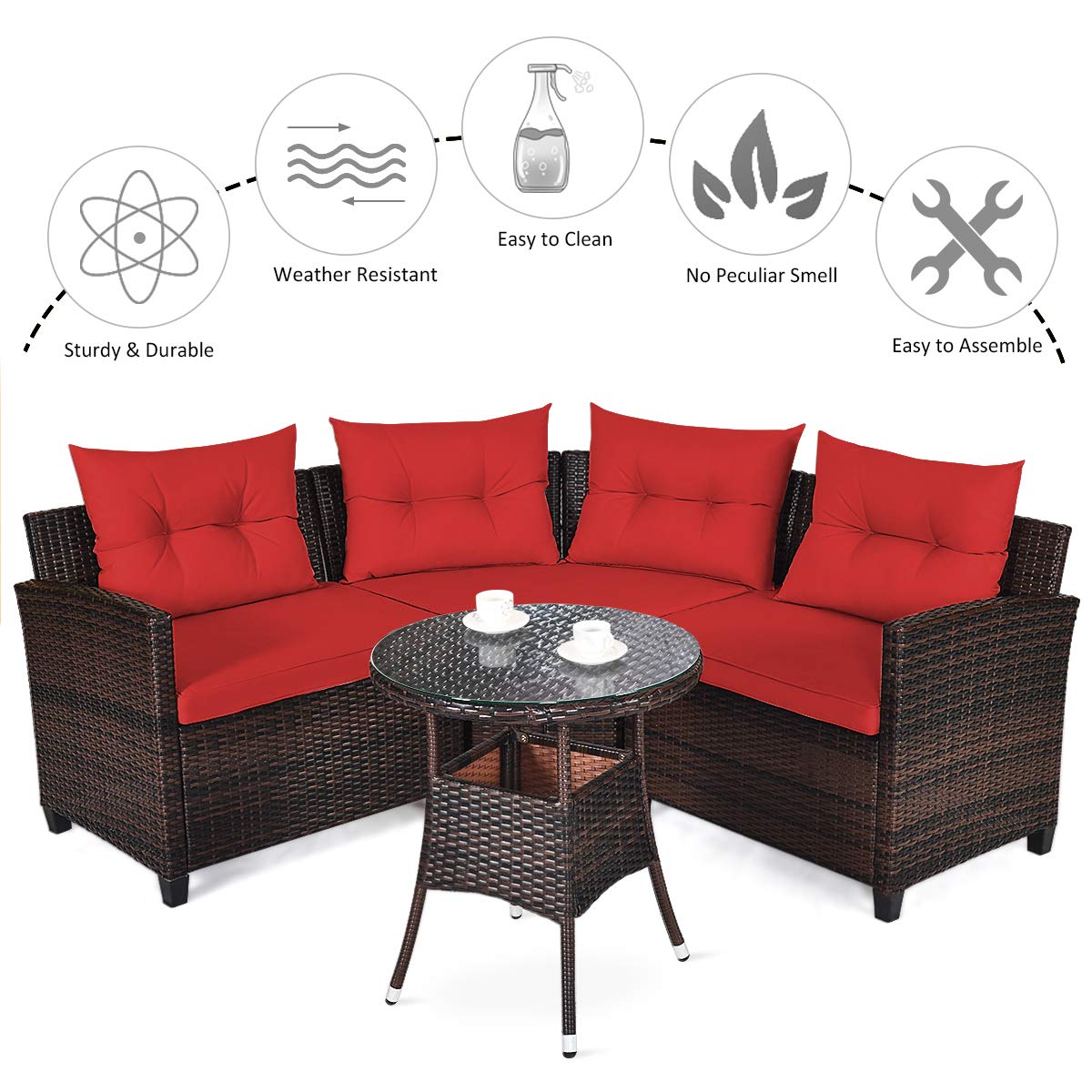 Tangkula 4-Piece Patio Furniture Set, C-Shape Outdoor Wicker Sectional Sofa Set, w/Cushions & Glass Coffee Table, Modern Deck Rattan Furniture for Garden Poolside Balcony (Red)