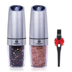 Gravity Electric Salt and Pepper Mill Set with Adjustable Coarseness, Automatic Battery Powered with Blue LED Light, Brushed Stainless Steel by aLBeDo