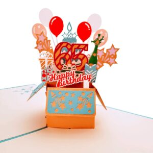 iGifts And Cards Happy 65th Blue Birthday Party Box 3D Pop Up Greeting Card – Sixty-Five, Awesome, Balloons, Unique, Celebration, Presents, Feliz Cumpleaños, Fun, Mom, Dad