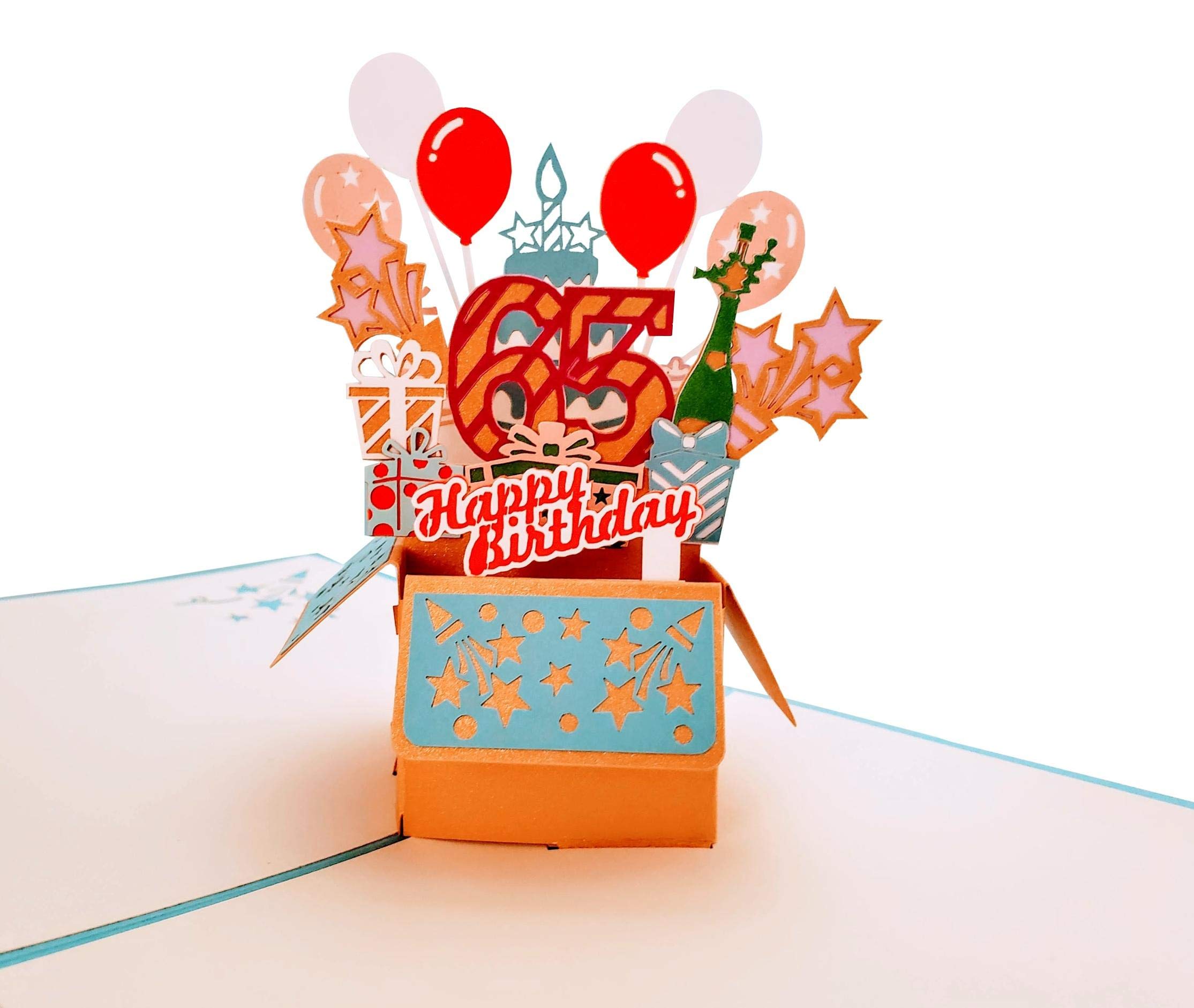 iGifts And Cards Happy 65th Blue Birthday Party Box 3D Pop Up Greeting Card – Sixty-Five, Awesome, Balloons, Unique, Celebration, Presents, Feliz Cumpleaños, Fun, Mom, Dad