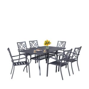 patiomore 7 piece outdoor patio dining set, metal furniture set rectangular slatted dining table with umbrella holes & 6 stackable backyard garden chairs