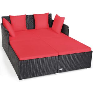 tangkula outdoor rattan daybed, sunbed wicker furniture w/spacious seat, upholstered cushion & high-resilience sponge, wicker patio sofa set w/extra pillows for courtyard poolside(red)