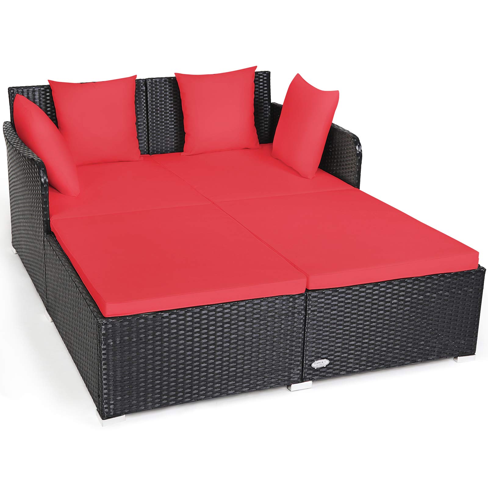 Tangkula Outdoor Rattan Daybed, Sunbed Wicker Furniture w/Spacious Seat, Upholstered Cushion & High-Resilience Sponge, Wicker Patio Sofa Set w/Extra Pillows for Courtyard Poolside(Red)