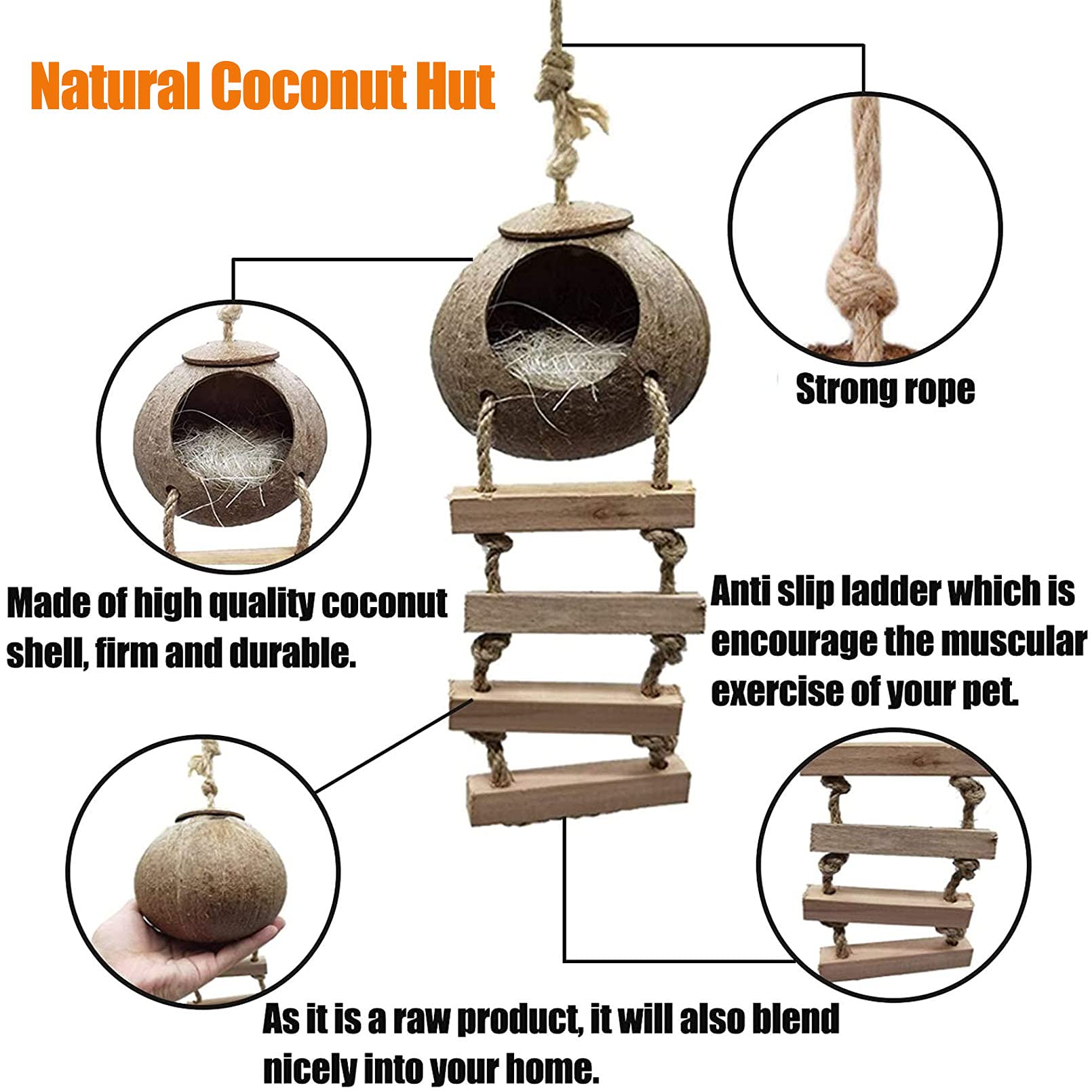 Hamiledyi Crested Gecko Coco Hut Natural Reptile Coconut Hideouts Lizard Water Food Bowls Climbing Porch Hiding Sleeping Breeding Pad Jungle Vine Flexible Reptile Leaves for Bearded Dragon 6PCS