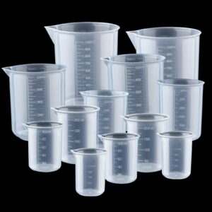 coopay 12 pcs plastic beakers plastic graduated cups clear multipurpose measuring cups epoxy mixing cups, liquid container beakers in 50ml/100ml/200ml/300ml/500ml/1000ml for resin, epoxy, mixing paint