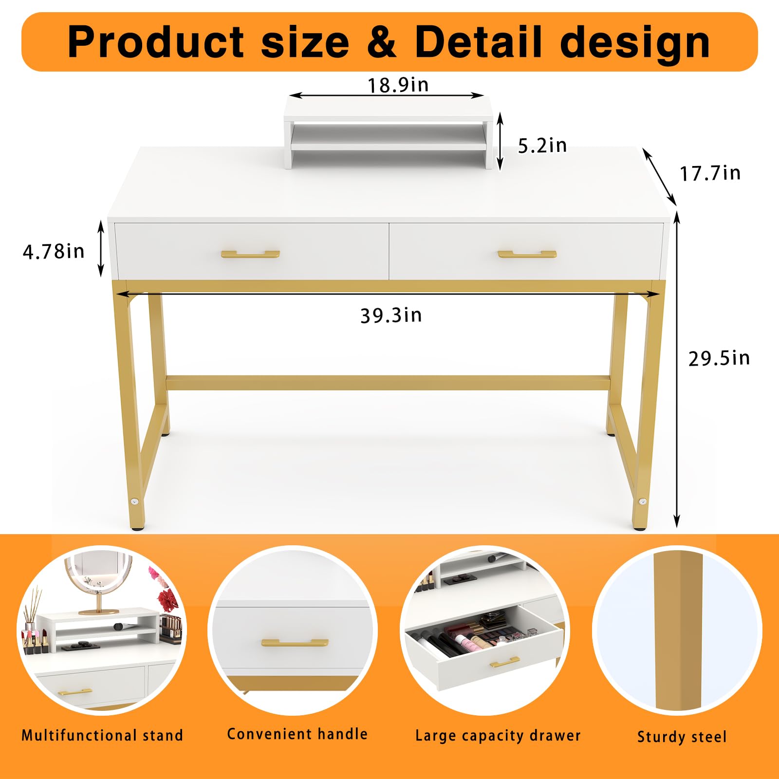 WESTREE Women Makeup Vanity Desk with 2 Drawers - Bedroom Home Office Desk, Wooden Height Monitor Stand & Storage Shelf Without Mirror, White Table Great Gift for Her