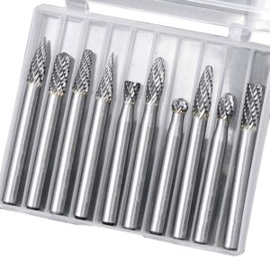 eyech 10pc tungsten carbide burr set 1/4" shank double cut rotary cutting burr set die grinder bits for steel metal wood woodworking carving, polishing, and engraving