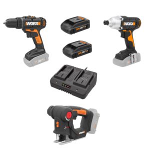 worx 20v cordless drill driver，impact driver and reciprocating saw，wx911l power tool combo kit ，2 * 2.0ah batteries & charger included