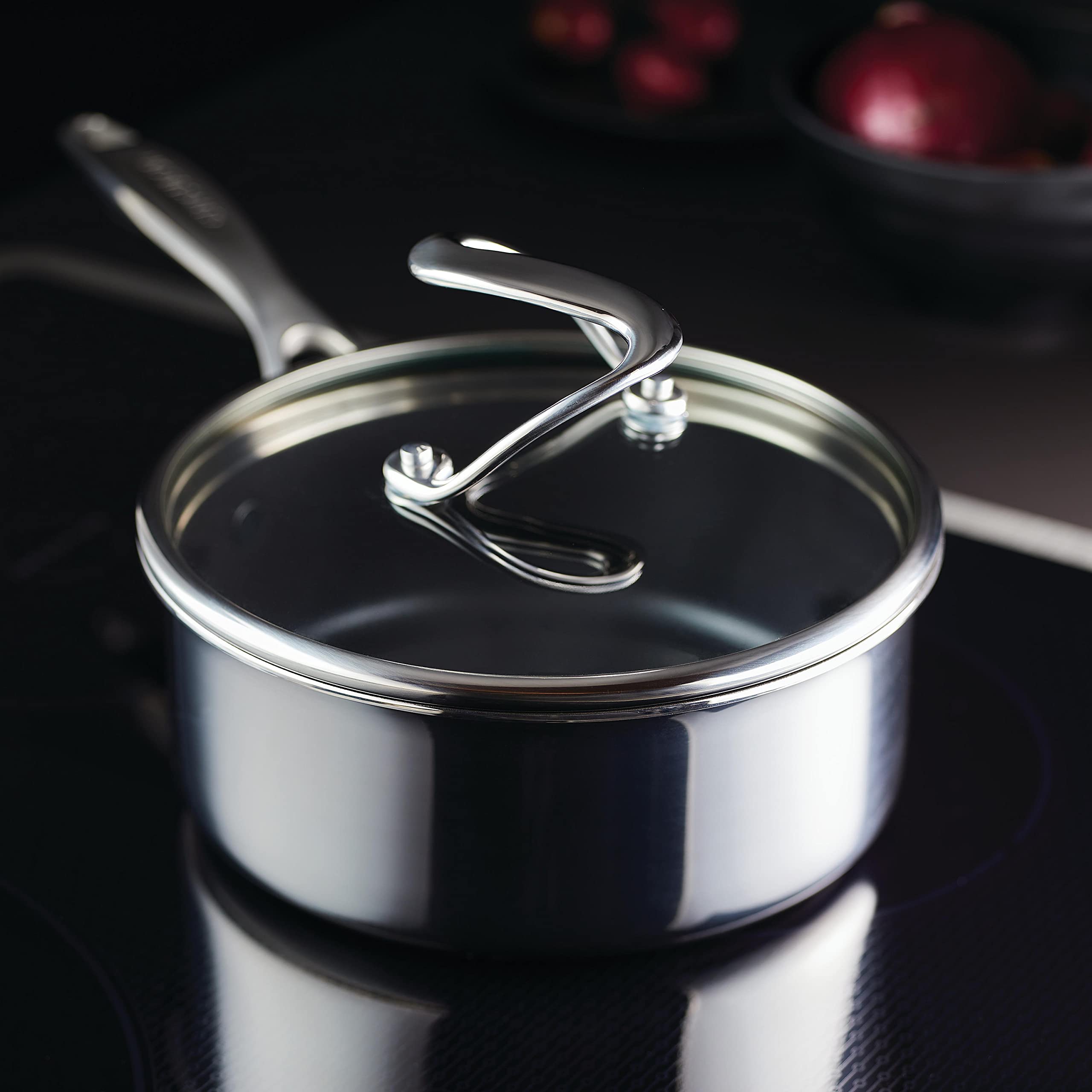 Circulon Clad Stainless Steel Saucepan with Glass Lid and Hybrid SteelShield and Nonstick Technology, 2 Quart - Silver