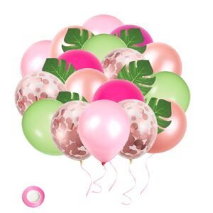 tropical luau birthday party balloons, 60 pcs pink green rose gold confetti balloons with palm leaves for tropical birthday party hawaii luau summer party decoratoins.