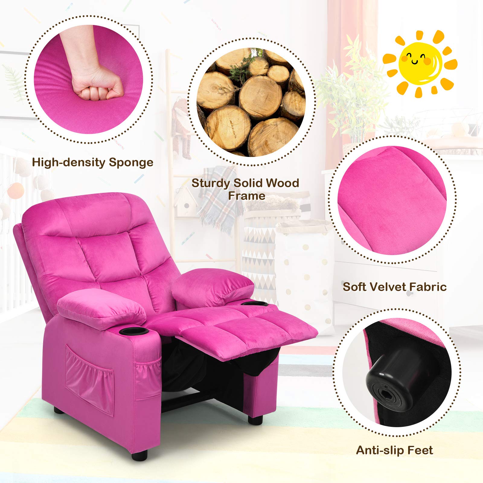 Costzon Kids Velvet Recliner Chair with Cup Holder, Footrest & Side Pockets for Children Boys Girls Baby Bedroom, Adjustable, Ergonomic Toddler Furniture Sofa Gifts (Rose)