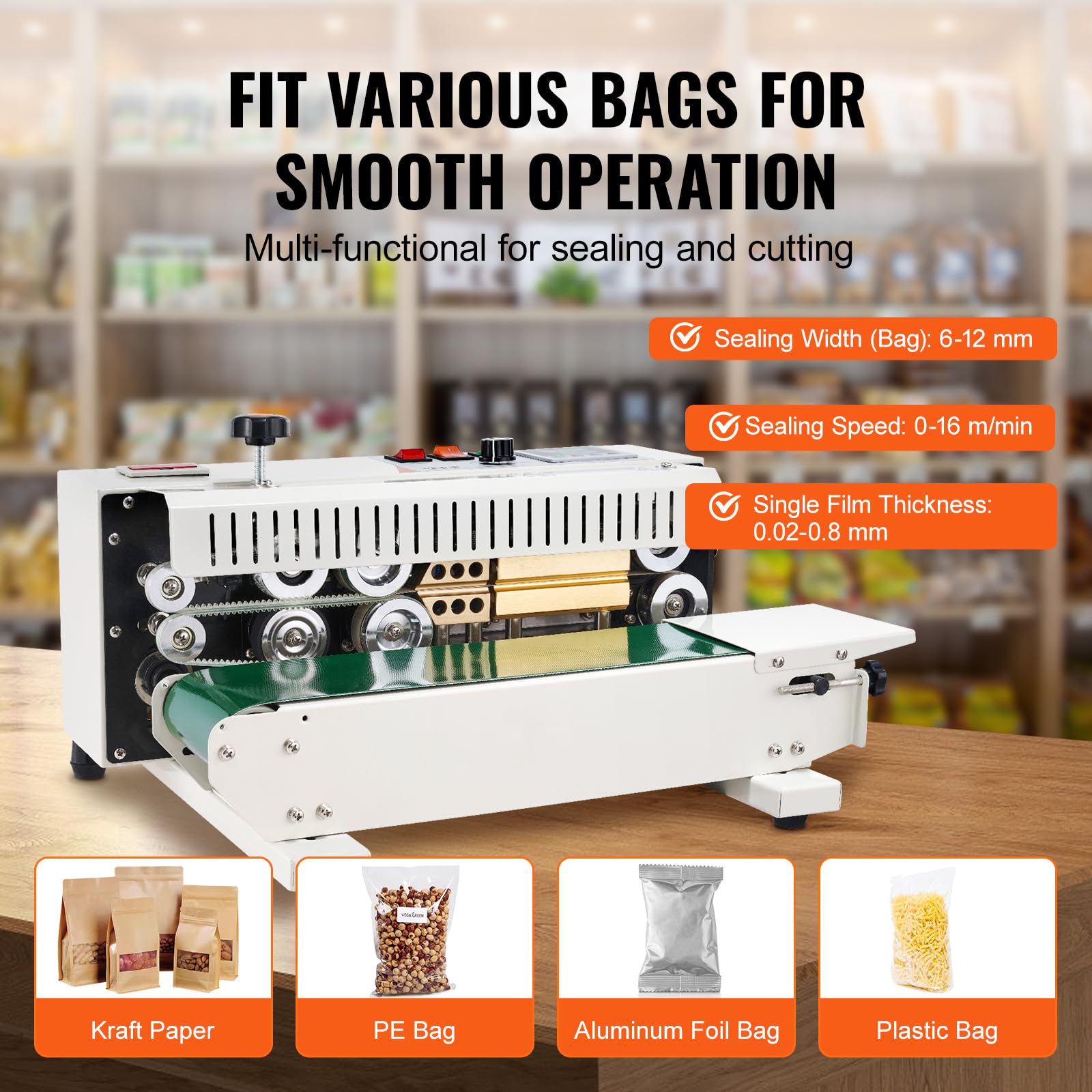 VEVOR Continuous Bag Band Sealing Machine FR770A Horizontal Bag Sealer with Digital Temperature Control Band Sealer Machine for 0.02-0.08 mm Plastic Bags Continuous Band Sealer with Printing Function