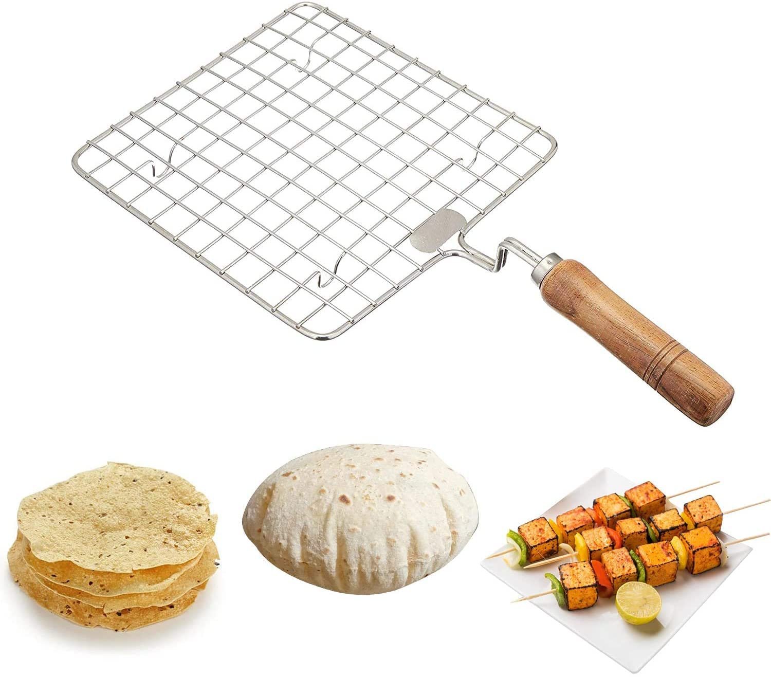 Sriyug Papad Jali Stainless Steel Wire Roaster Rack Papad Jali With Wooden Handle Roasting Net Roast Grill Chapati Toast Roti Papad And More...