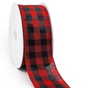 ct craft llc plaid cambridge gingham buffalo wired ribbon 2.5" x 50 yards black with red for christmas home decor tree topper bow gift wrapping diy crafts wreath garland wedding