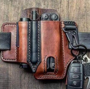 kangde genuine leather edc belt loop waist multitool sheath, edc pocket organizer pouch, handmade 3 pockets organizer sheath for flashlightstactical penstools, brown