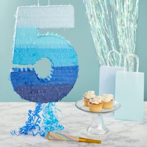 BLUE PANDA Number 5 Pinata - Pull String Pinata for Boys 5th Birthday Party Decorations, Ombre Blue (16.5 x 11.6 x 3 In)