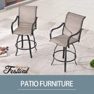 Sports Festival 2Pcs Patio Bar Stools with Armrest High Swivel Chairs with Textilene Fabric Metal Outdoor Furniture for Bistro Deck Lawn