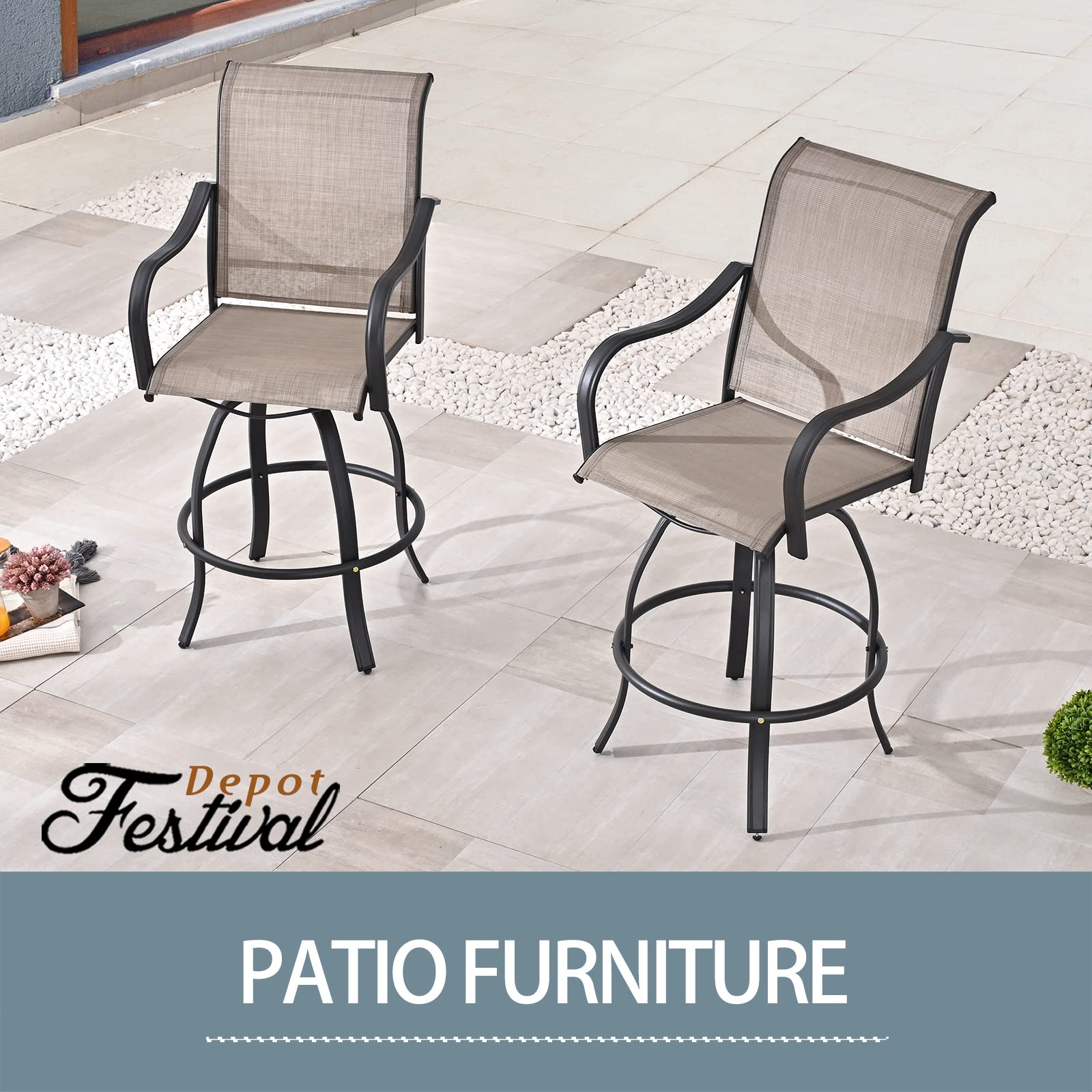 Sports Festival 2Pcs Patio Bar Stools with Armrest High Swivel Chairs with Textilene Fabric Metal Outdoor Furniture for Bistro Deck Lawn