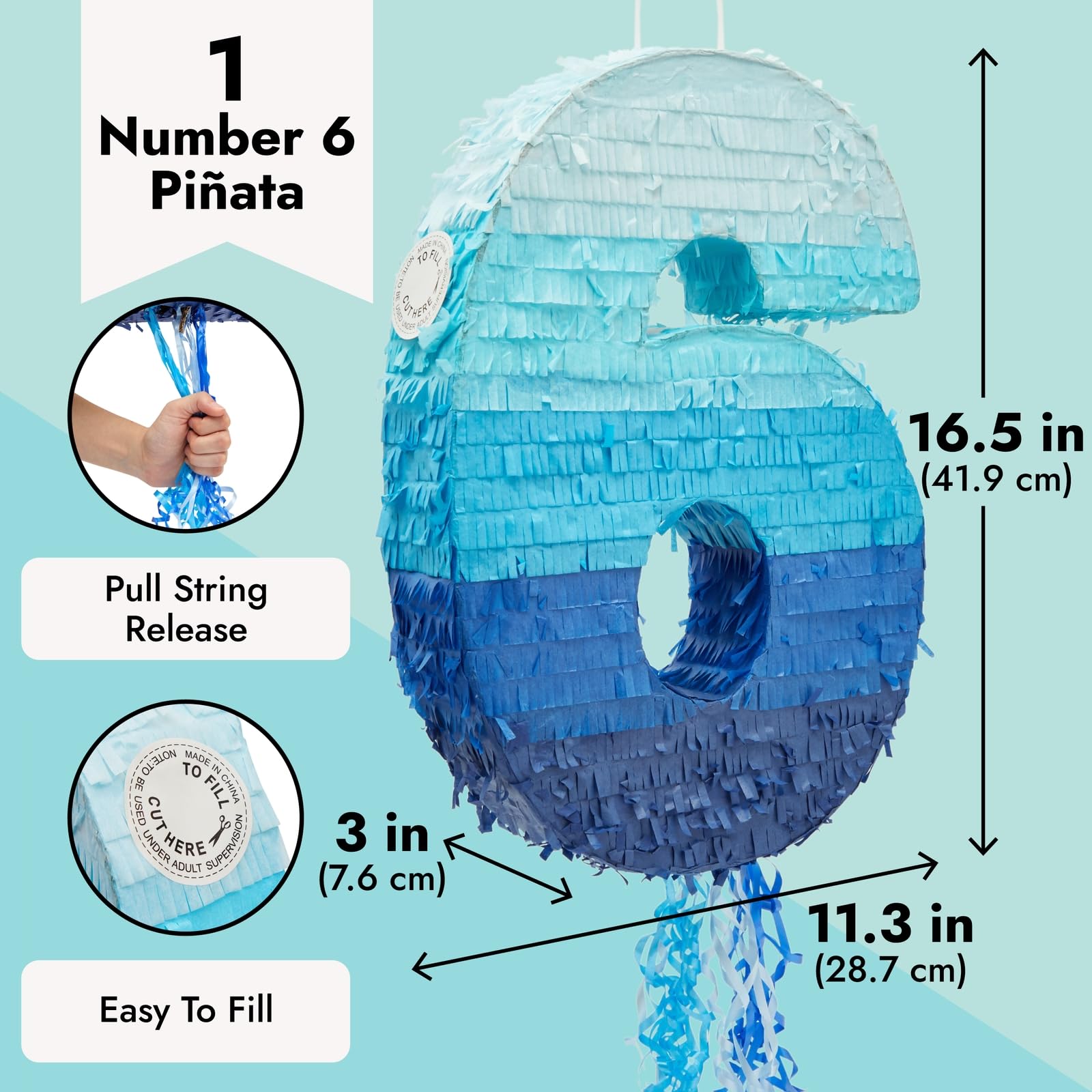 BLUE PANDA Number 6 Pinata - Pull String Pinata for Boys 6th Birthday Party Decorations, Ombre Blue (16.5 x 11.3 x 3 In)