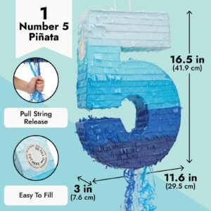 BLUE PANDA Number 5 Pinata - Pull String Pinata for Boys 5th Birthday Party Decorations, Ombre Blue (16.5 x 11.6 x 3 In)