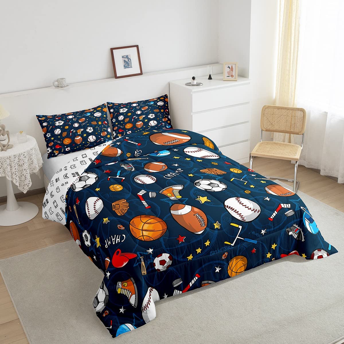 Football Bedding Sets Basketball Baseball Rugby Reversible Comforter Cover Set for Boys Teens Ball Sports Duvet Cover Soccer Football Game Volleyball Bedspread Cover Full Size,Soft Kids Room Decor