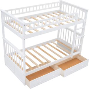 Bunk Beds Twin Over Twin with Drawers, Solid Wood Bunk Beds with Ladder for Boys Girls Teens Adults, White