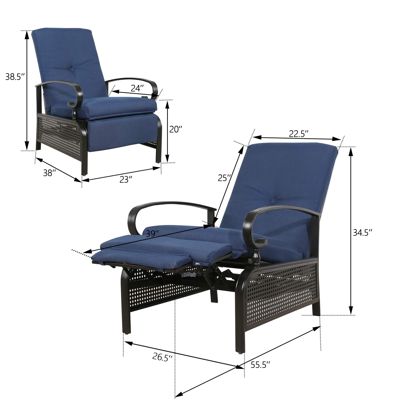 Ulax furniture Outdoor Recliner Adjustable Metal Patio Reclining Lounge Recliner Sofa Chair with Removable 100% Olefin Cushion (Navy)