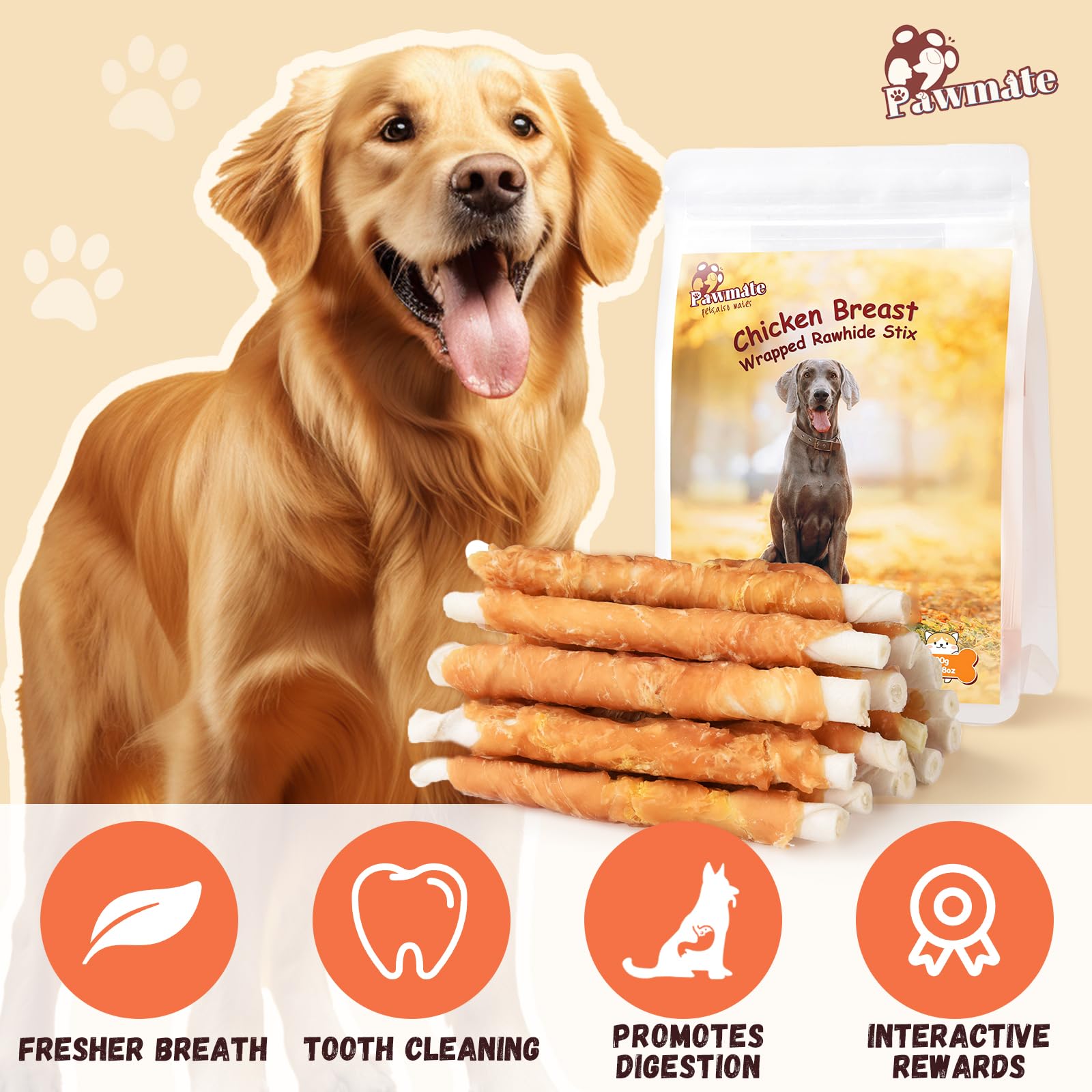 Pawmate Chicken Wrapped Rawhide Sticks, Long Lasting Dog Treats High Protein Dog Chews Trainning Snacks Natural Chicken Treats for Small Medium Large Dogs 20-21 Count